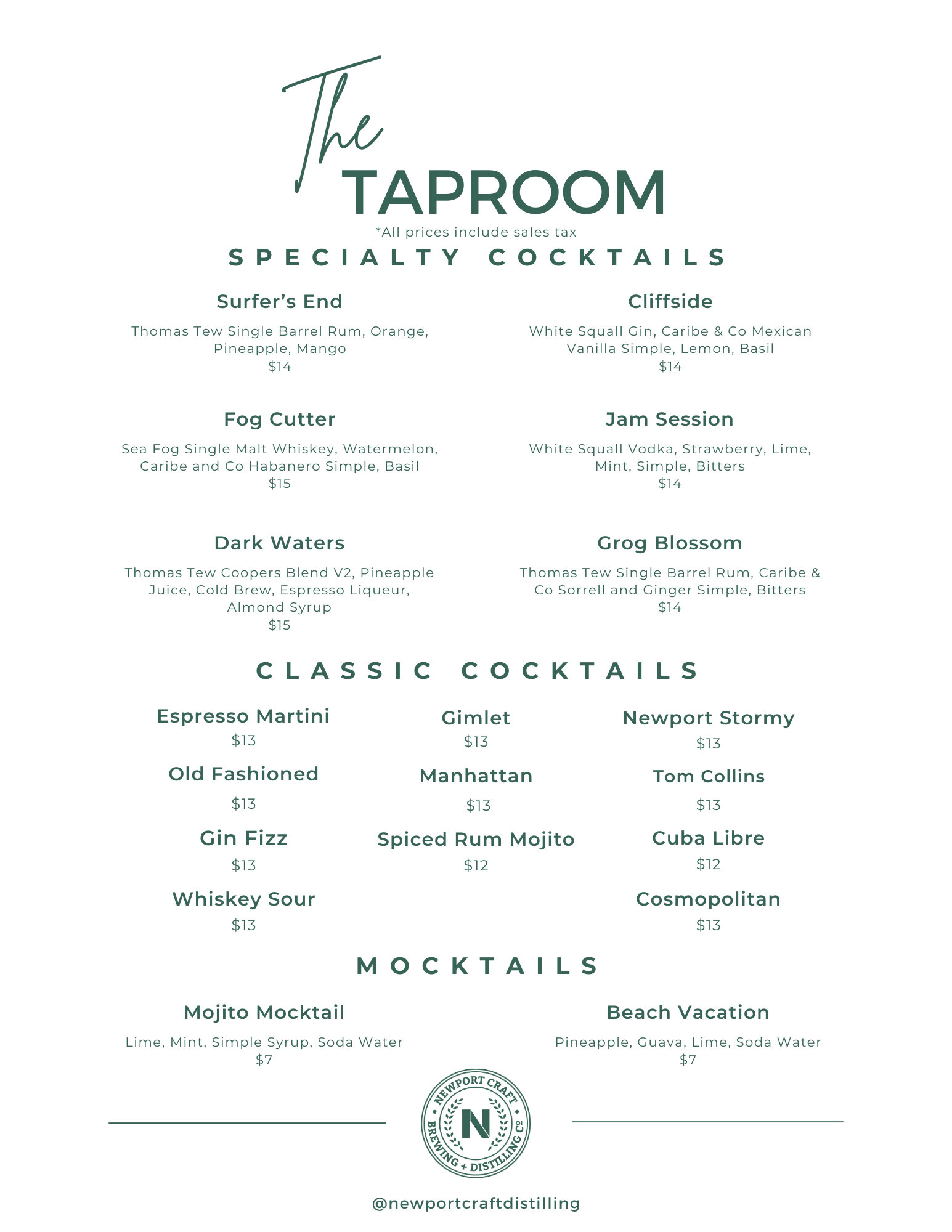 Newport Craft Brewing - Beer & Cocktail Menu