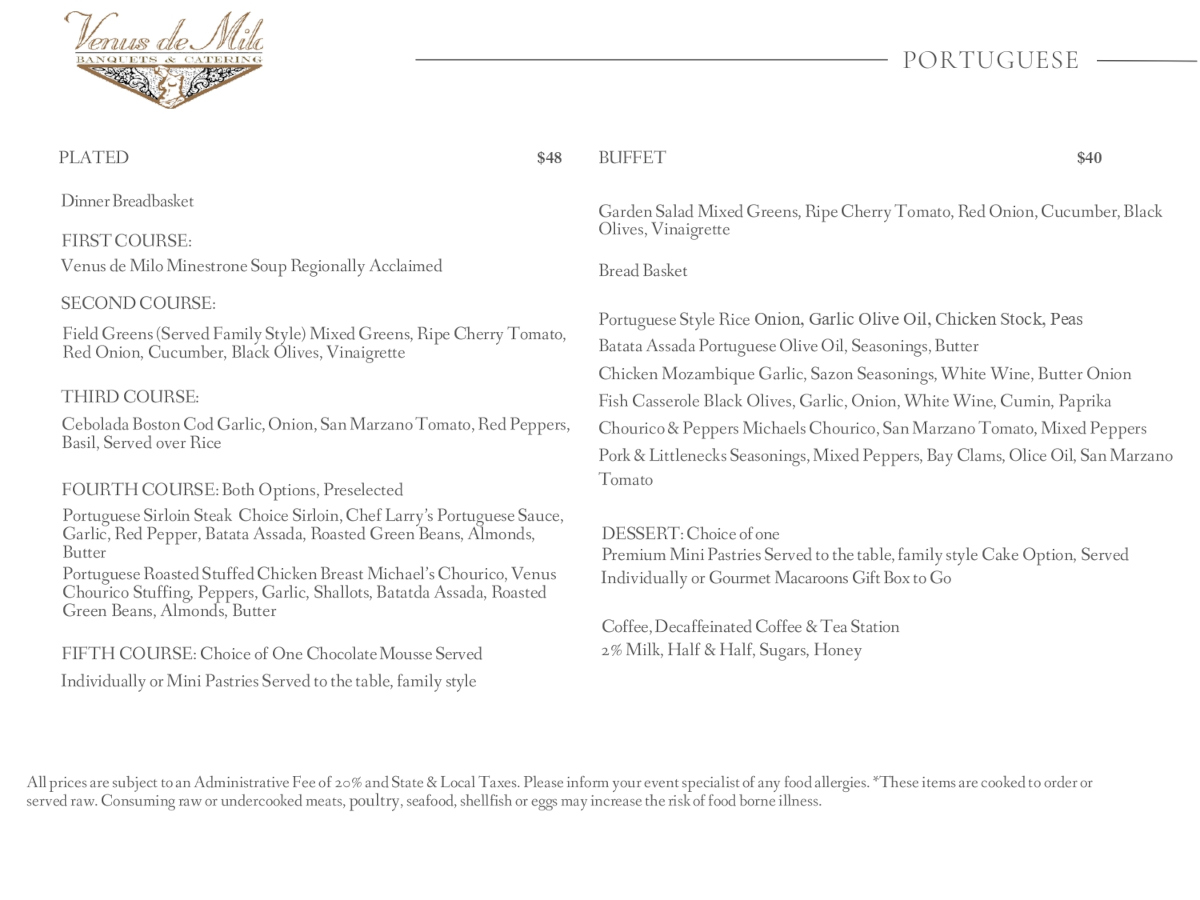 Venus De Milo - Events Menu