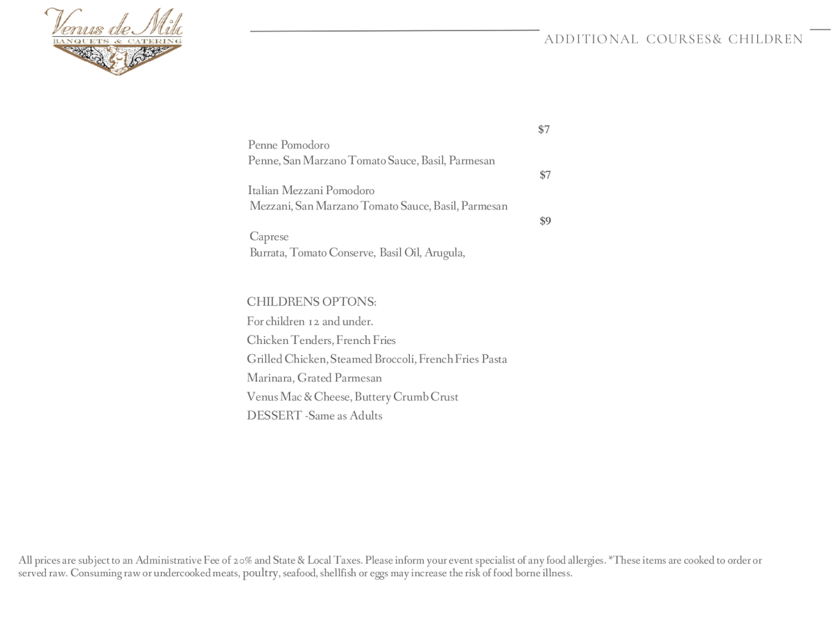 Venus De Milo - Events Menu