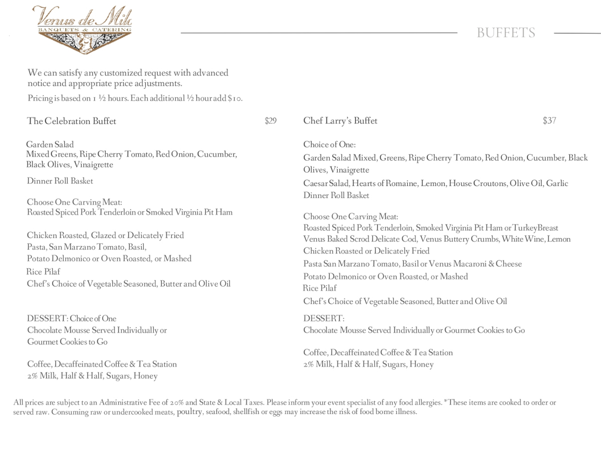 Venus De Milo - Events Menu