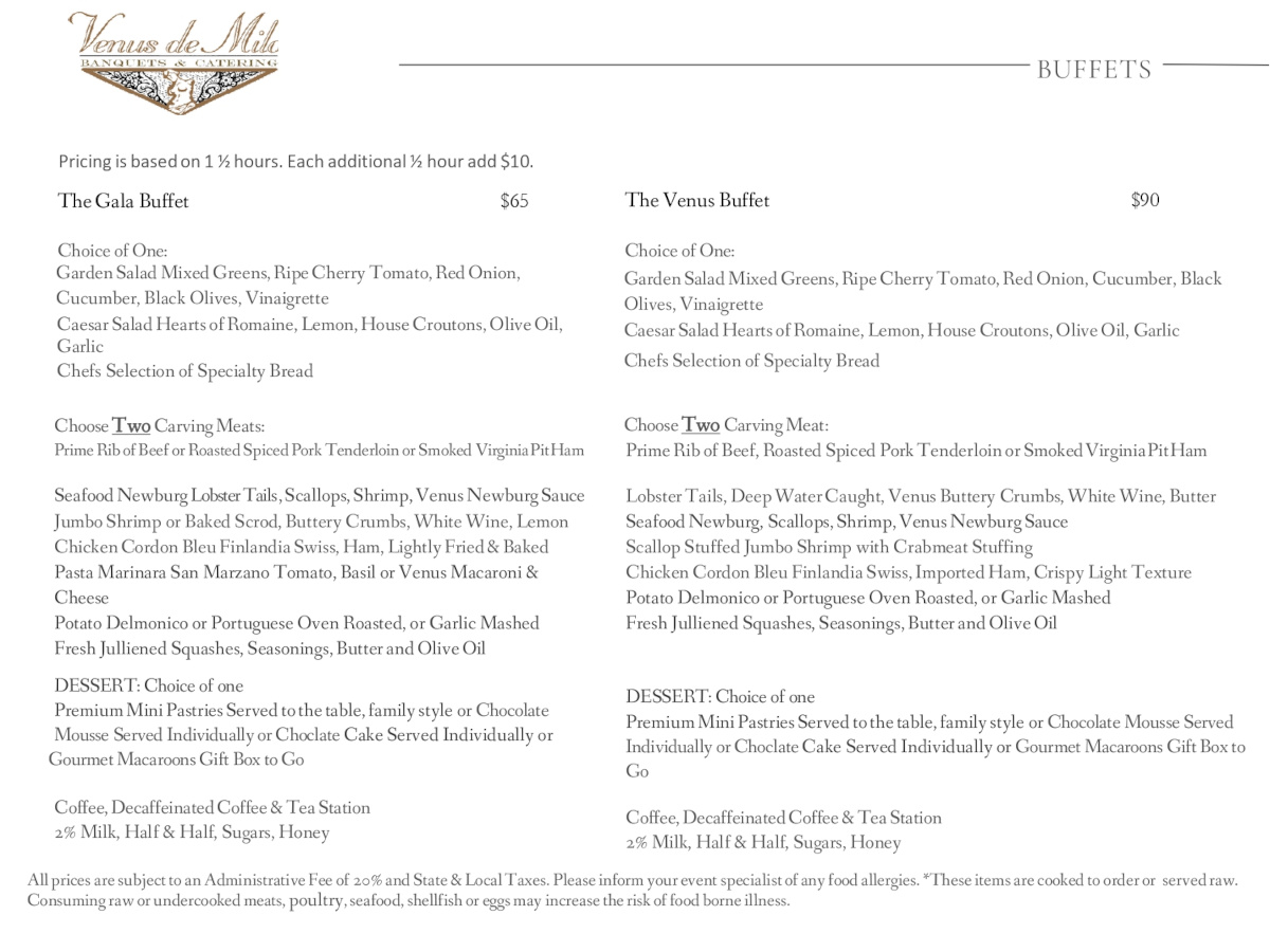 Venus De Milo - Events Menu