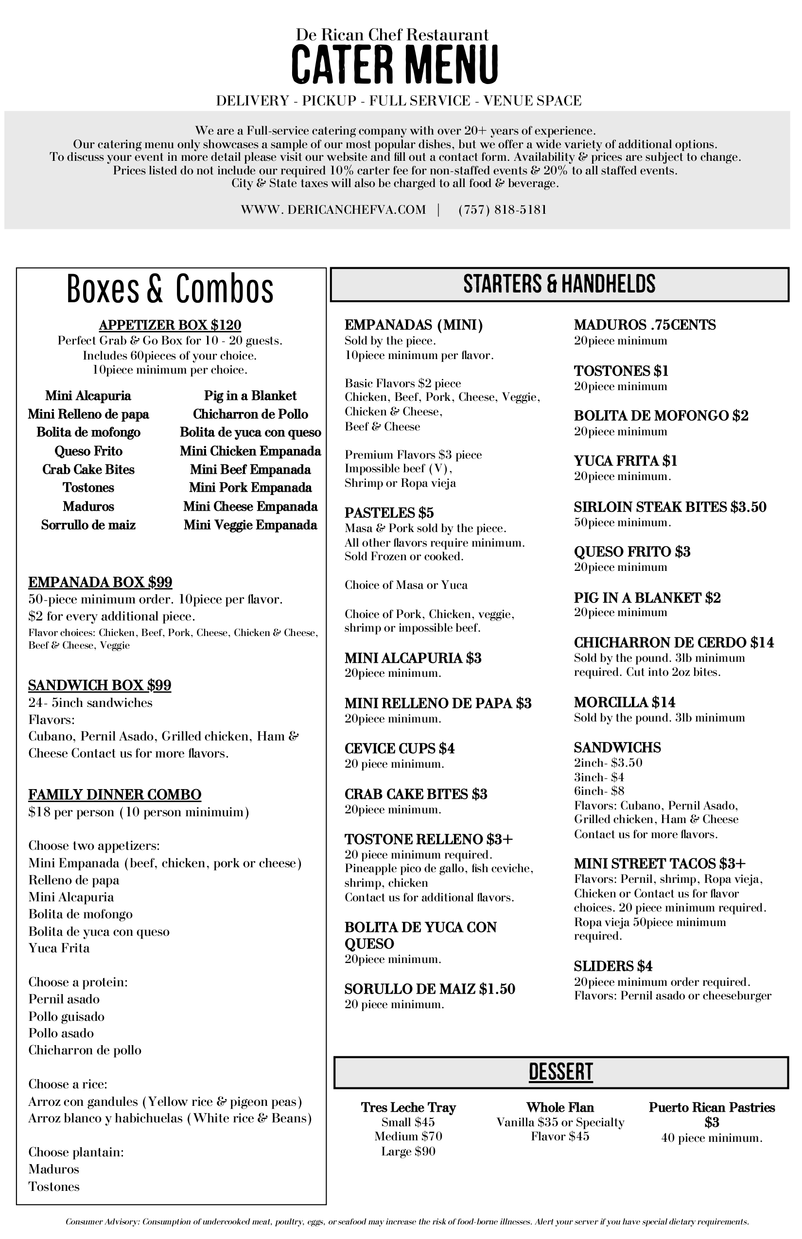 De Rican Chef Food Menu