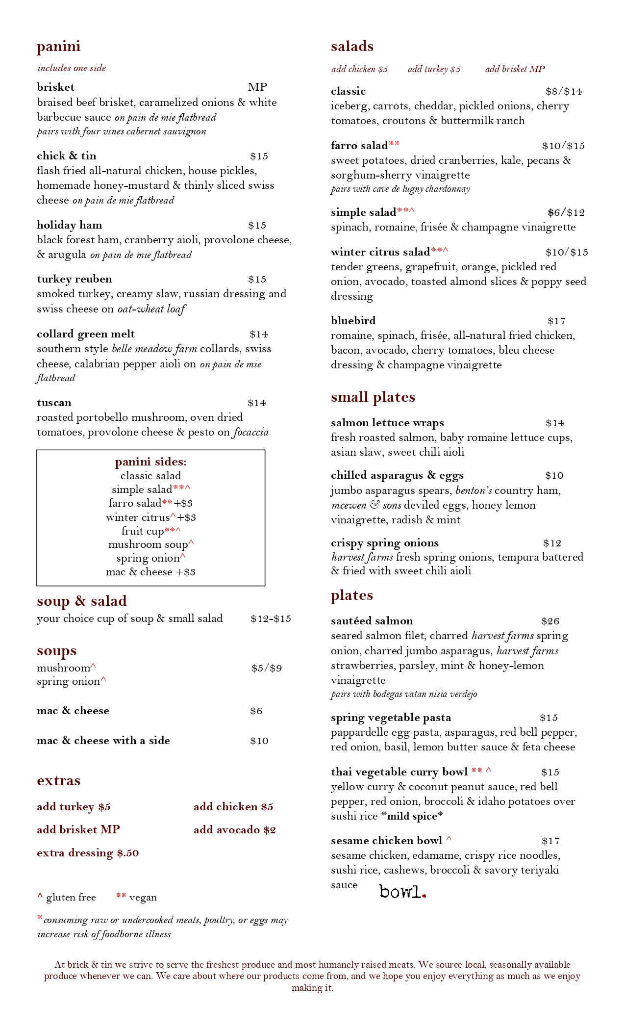 Brick & Tin - Mountain Brook Menu